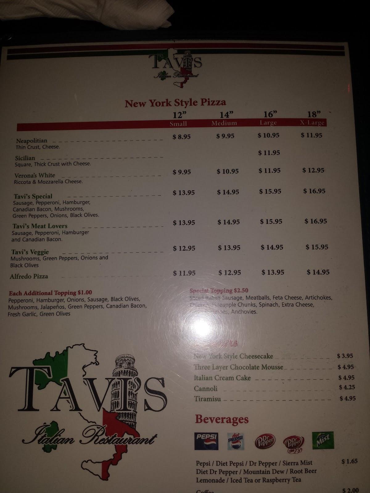 Menu at Tavi's Italian Restaurant, Seven Points