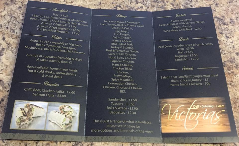 Menu at Victoria’s Deli, Merthyr Tydfil