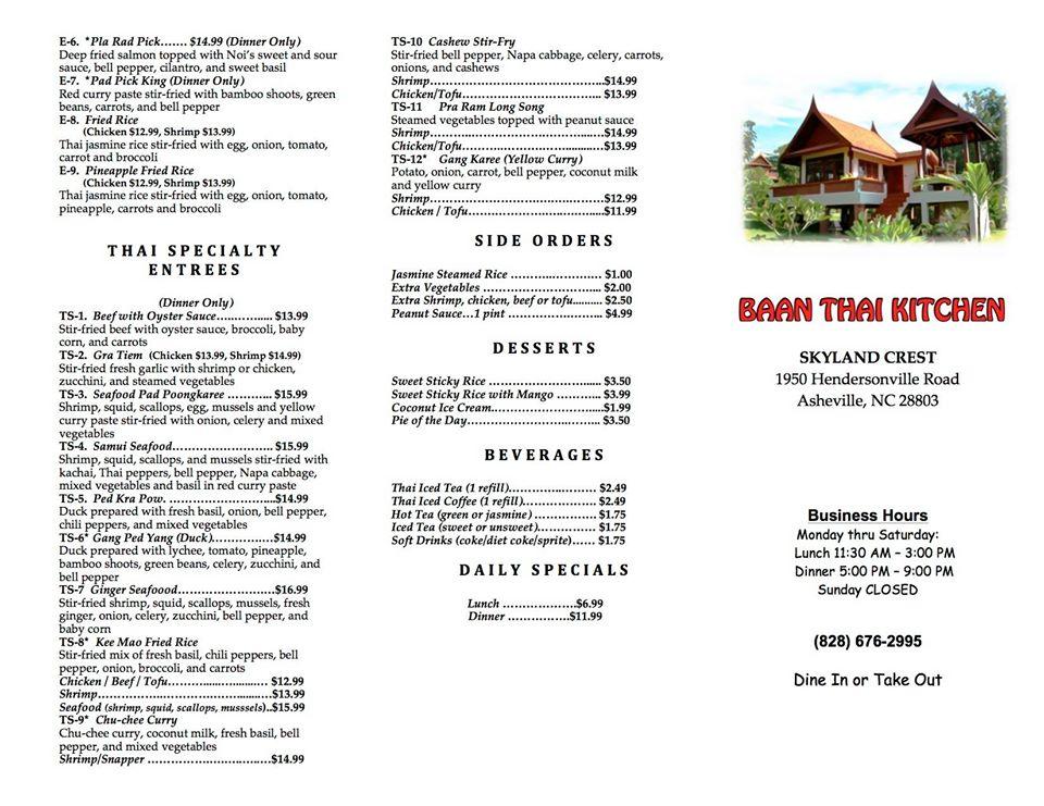 Menu at Baan Thai Kitchen restaurant, Asheville