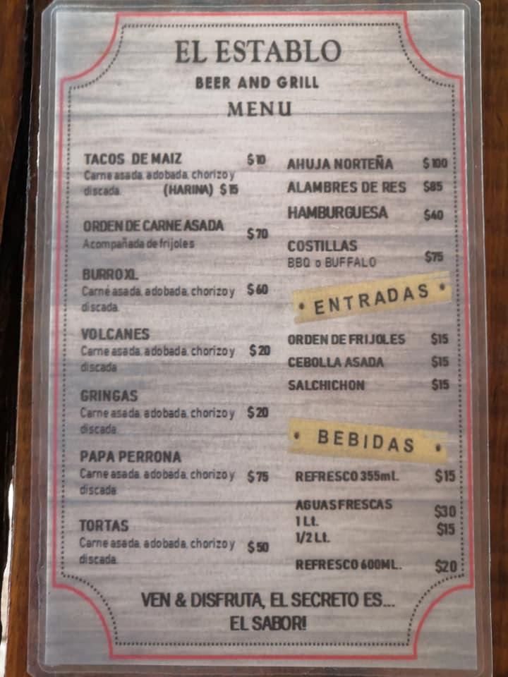 Menu at El Establo Tako & Beer restaurant, Ciudad Mante