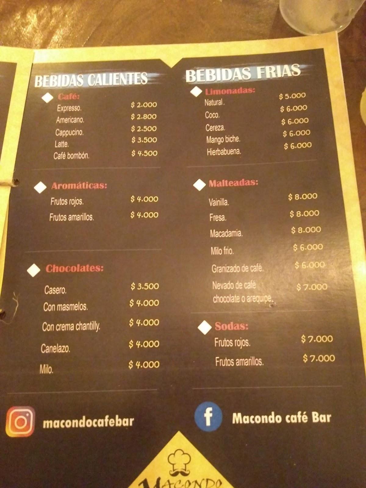 Menu at Macondo café bar, Manizales