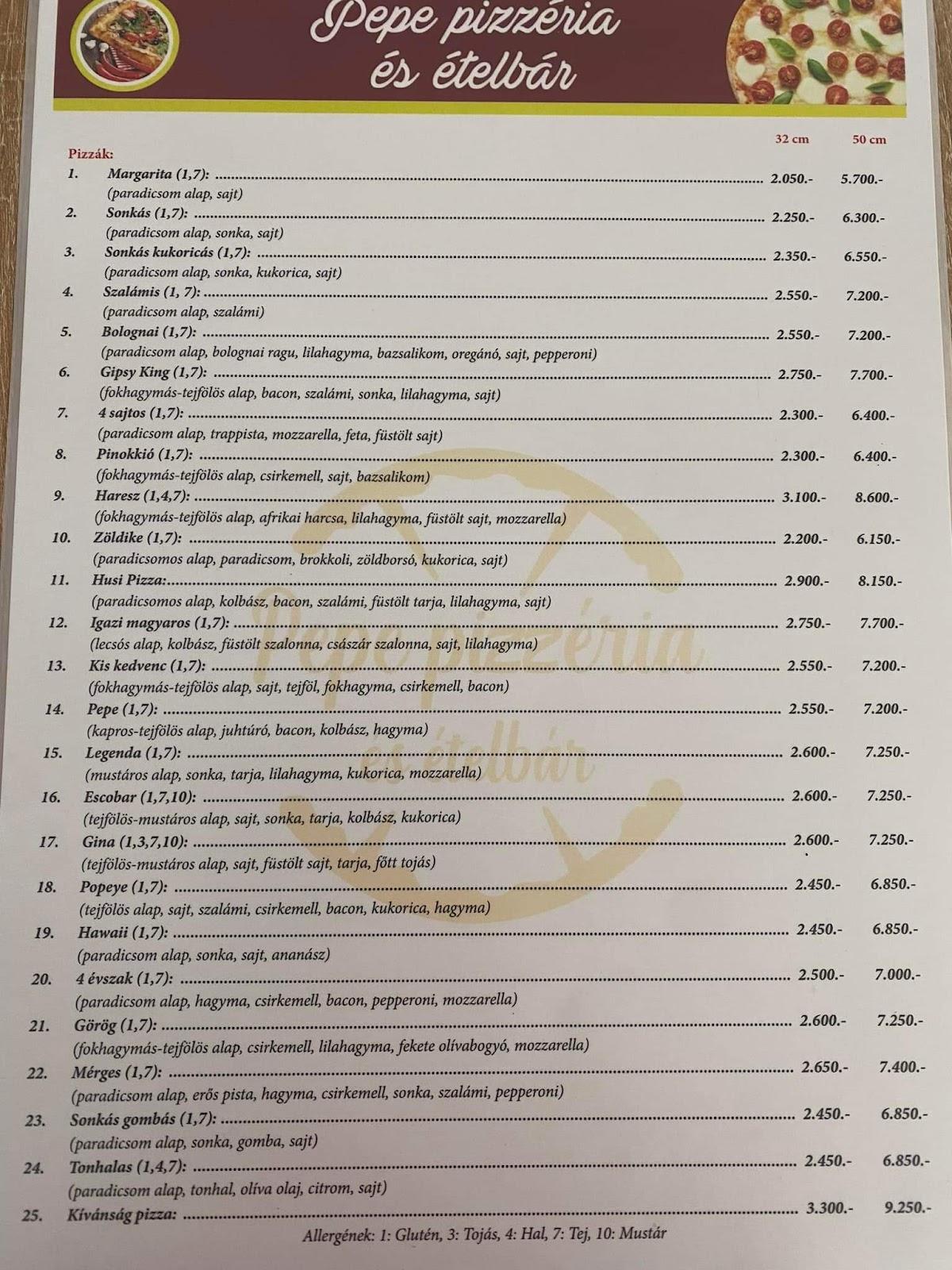 Carta del restaurante Pepe pizzéria és ètelbàr, Polgár