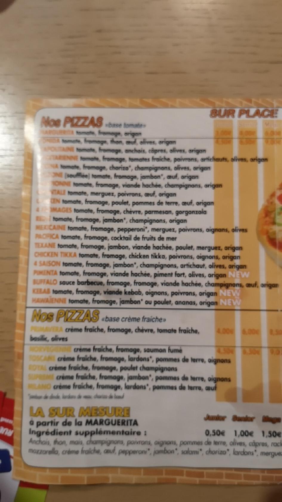 Menu at Royale Pizza restaurant, Aubervilliers