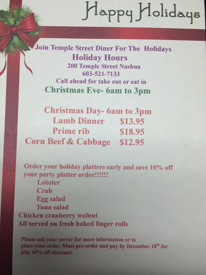 Menu at Temple Street Diner restaurant, Nashua