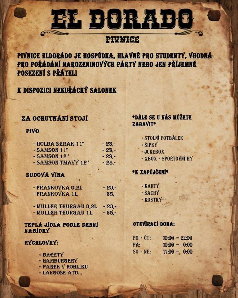Menu at Eldorádo restaurant, Olomouc