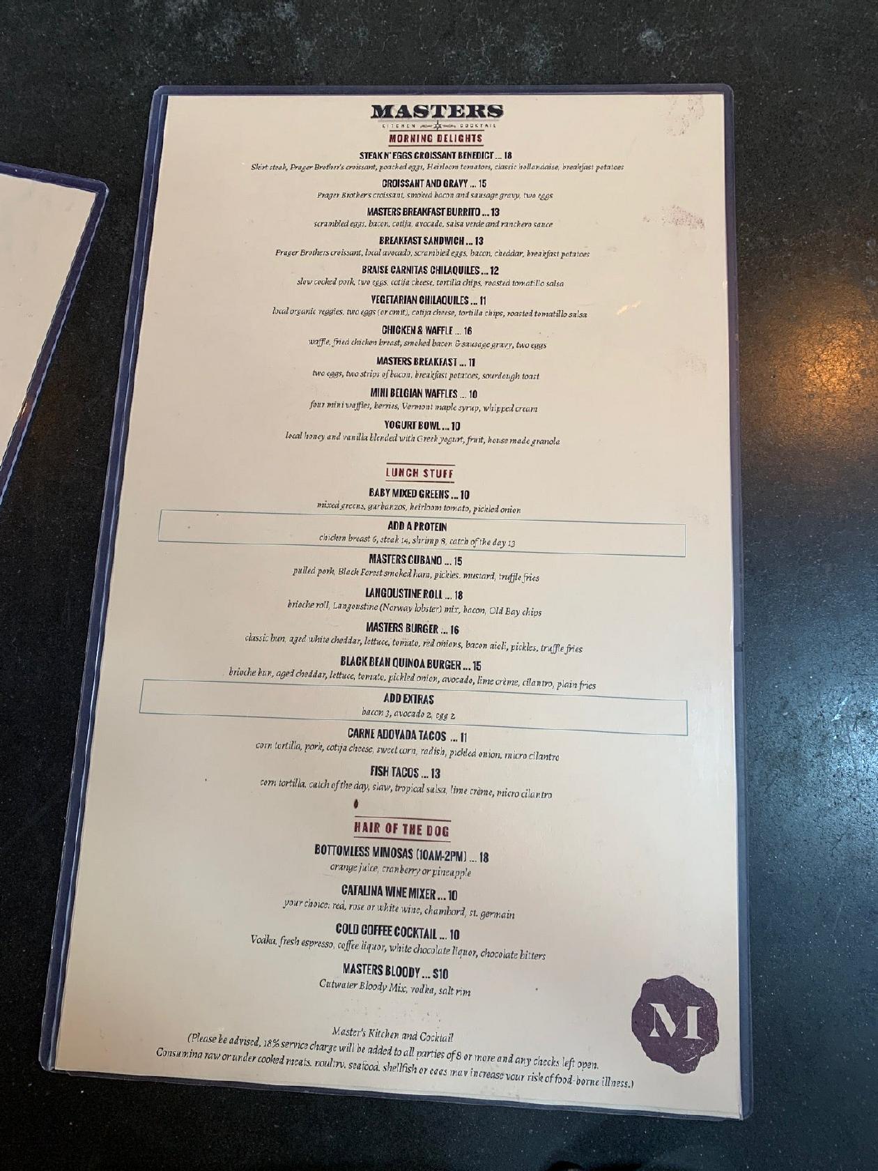 Carta del pub y bar Masters Kitchen and Cocktail, Oceanside, 208 S ...
