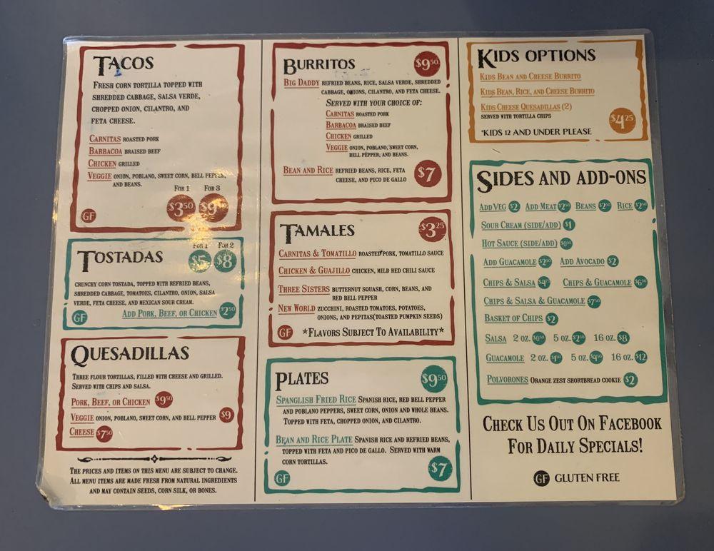 Menu at Spanglish restaurant, Traverse City
