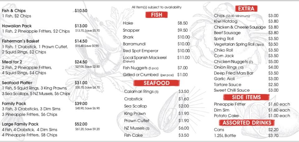Menu at Beeliar Fish & Chips fast food, Beeliar