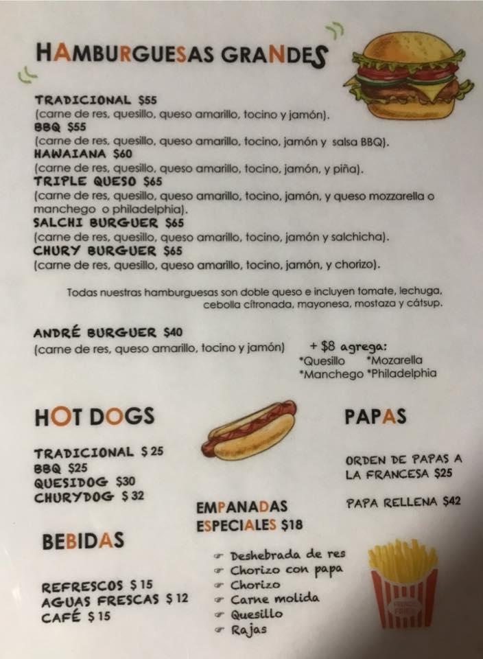 Menu at Andreburguers restaurant, Tuxtla Gutiérrez