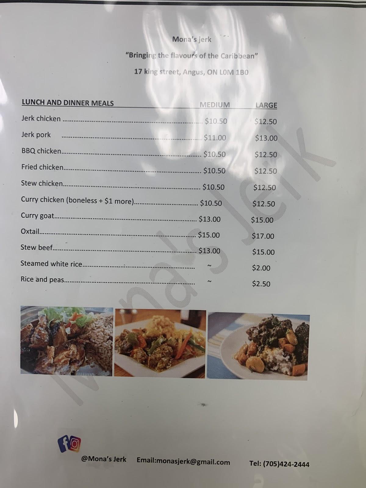 Menu at Mona’s Jerk restaurant, Angus
