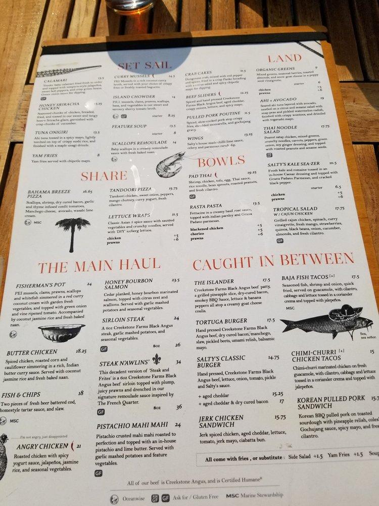 Menu at Salty's Beach House restaurant, Penticton