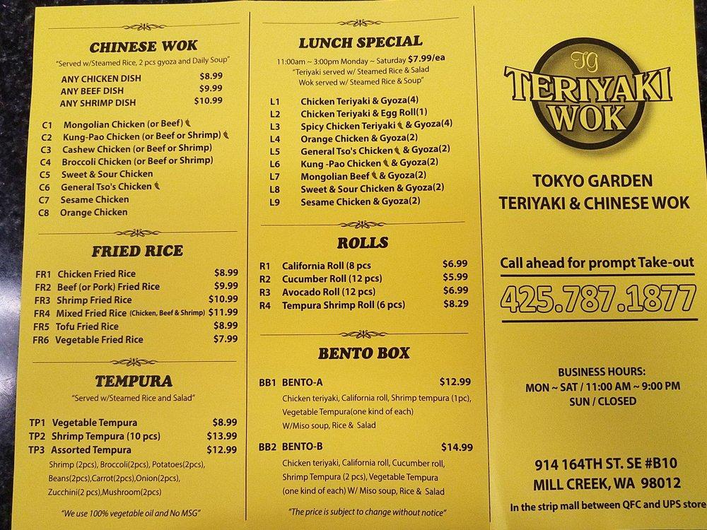 Menu at Tokyo Garden restaurant, Mill Creek
