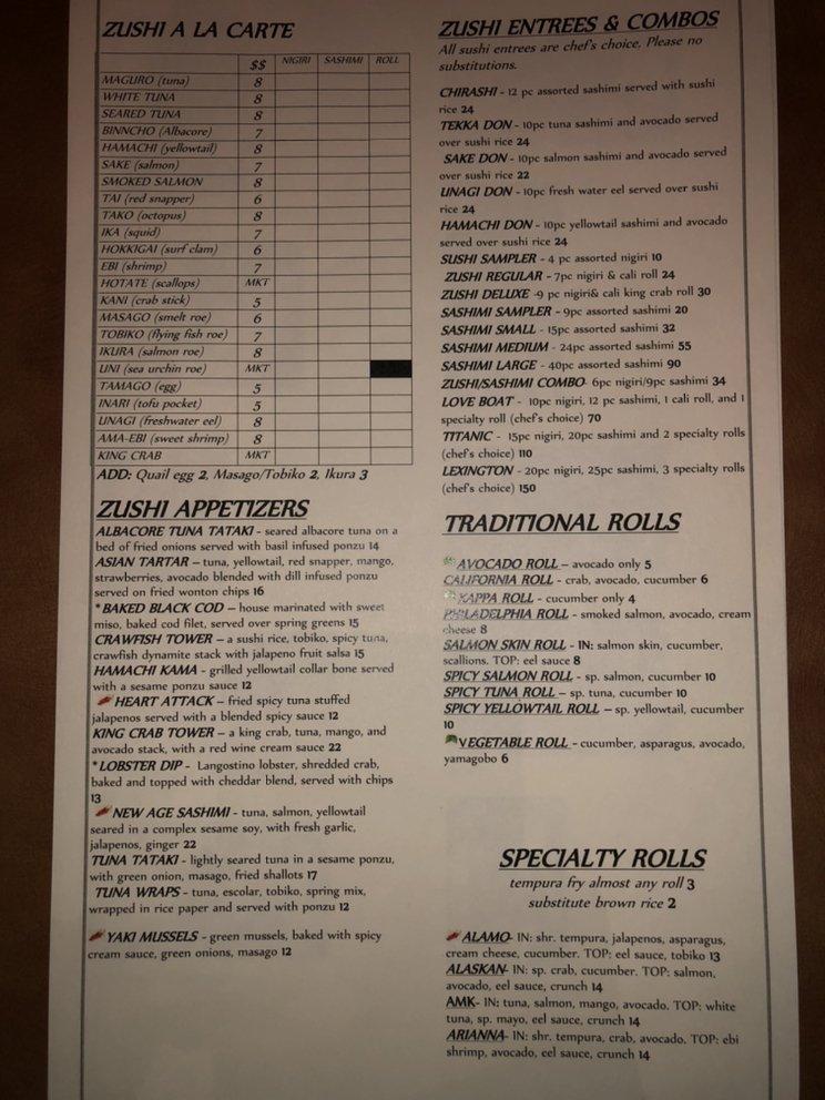 Menu at Yoshi Japanese Cuisine restaurant, Corpus Christi