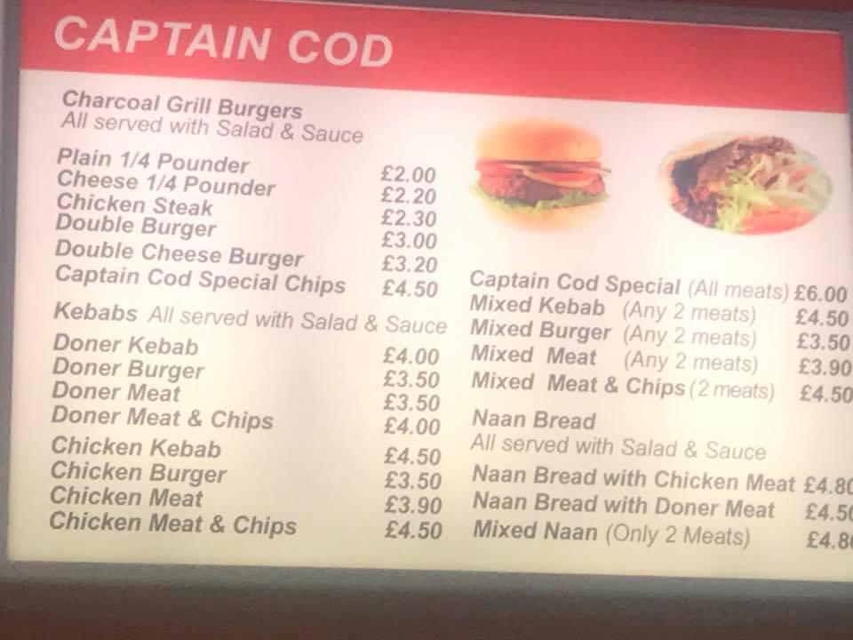 Menu at Captain Cod restaurant, Manchester, 287 Stretford Rd