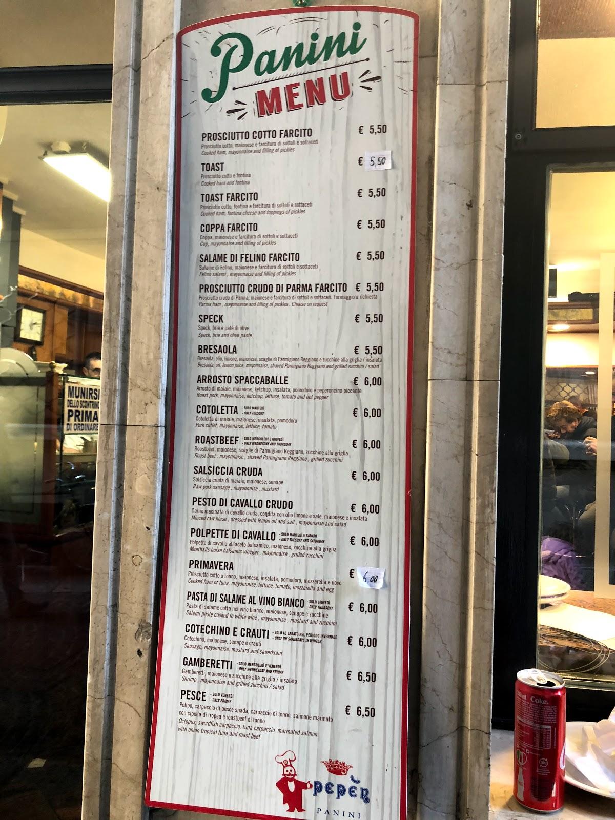 Menu at Da Pepèn fast food, Parma