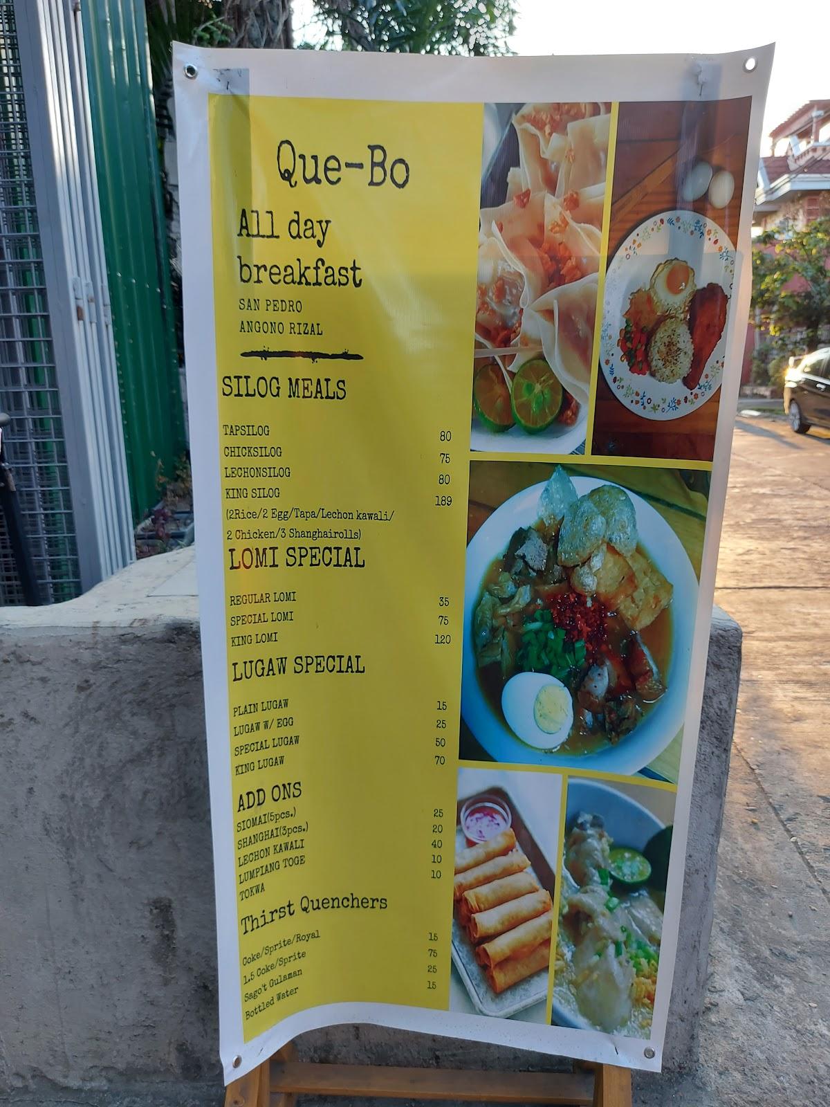 Menu at Que-BO restaurant, Angono