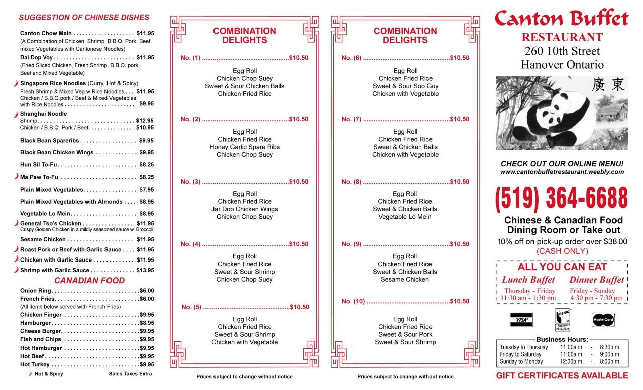 Menu at Canton Buffet Restaurant, Hanover