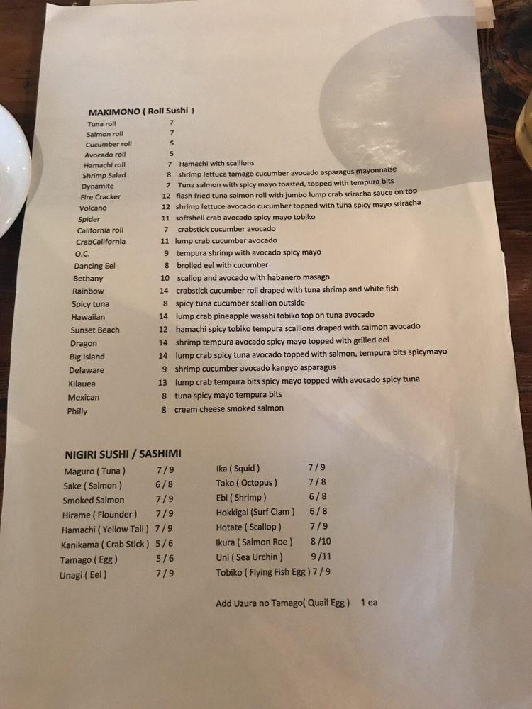 Menu at CoCoLo Sushi restaurant, Bethany Beach