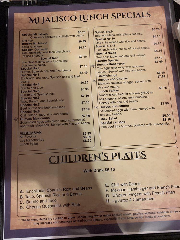Menu at Mi Jalisco Mexican Grill restaurant, Beech Mountain