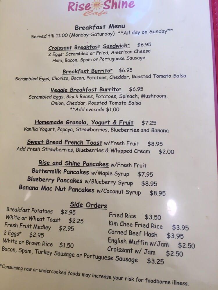 Menu at Rise and Shine Cafe, Mililani