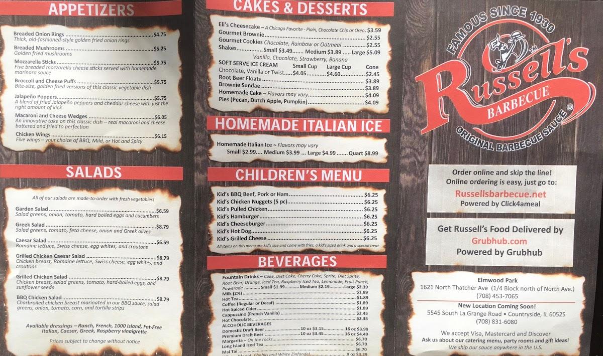 Menu at Russell's Barbecue, Countryside