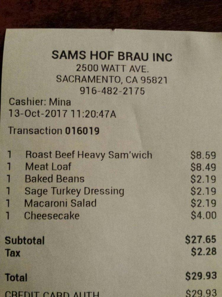 Menu at Sam's Hof Brau restaurant, Sacramento, Watt Ave