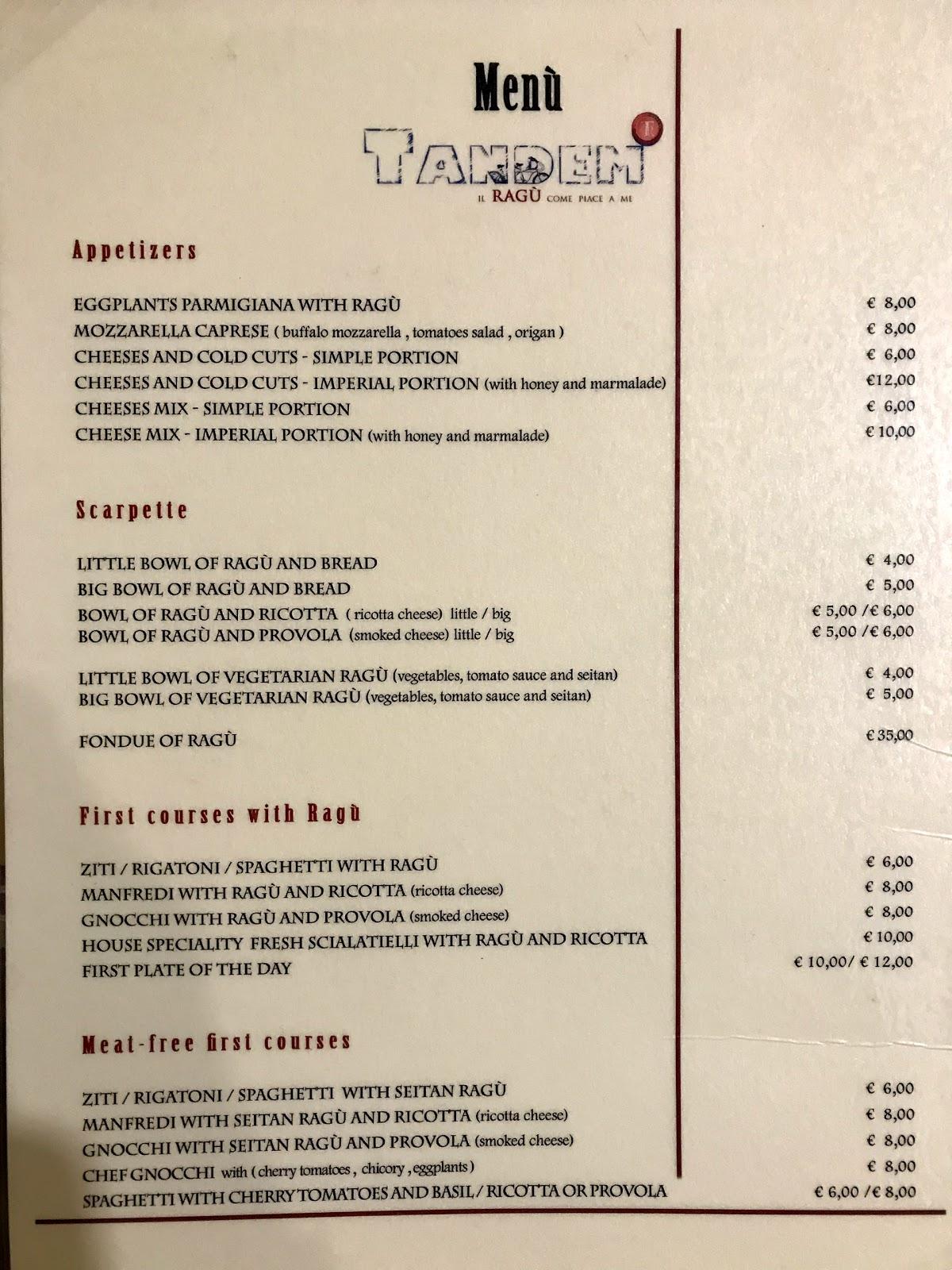 Menu at Tandem - Via Paladino restaurant, Naples, Via Giovanni Paladino