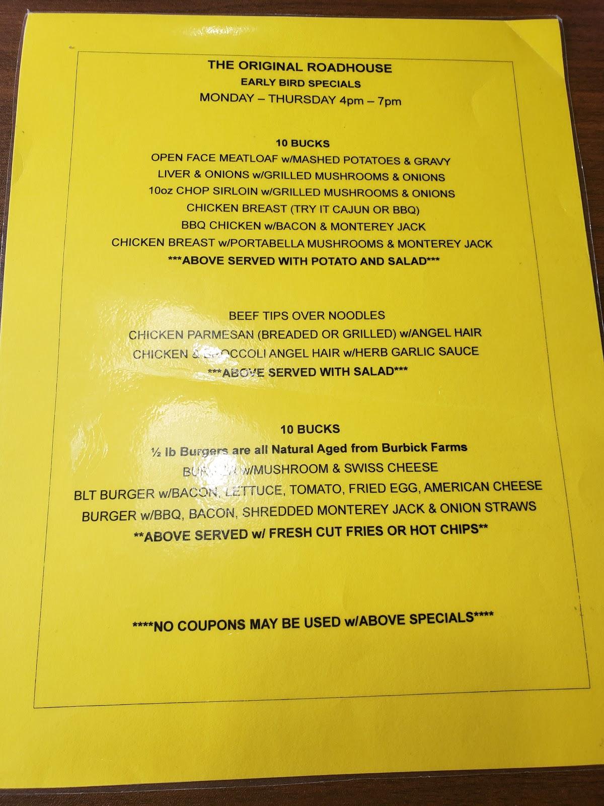 Menu at The Original Roadhouse steakhouse, East Palestine