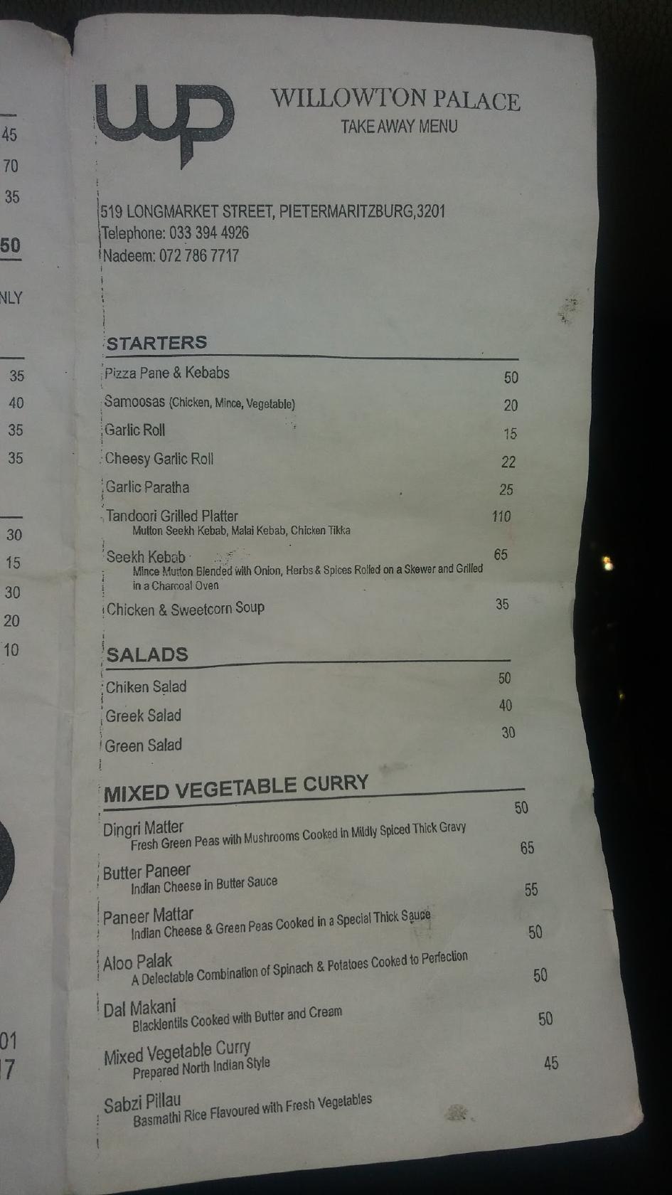 Menu at Willowton Palace restaurant, Pietermaritzburg