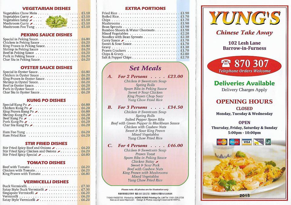 Menu at Yung's Chinese Take Away fast food, Barrow-in-Furness