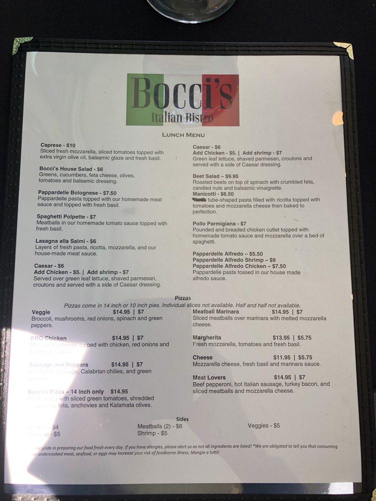 Menu at Bocci’s Italian Bistro on Bull pizzeria, Savannah