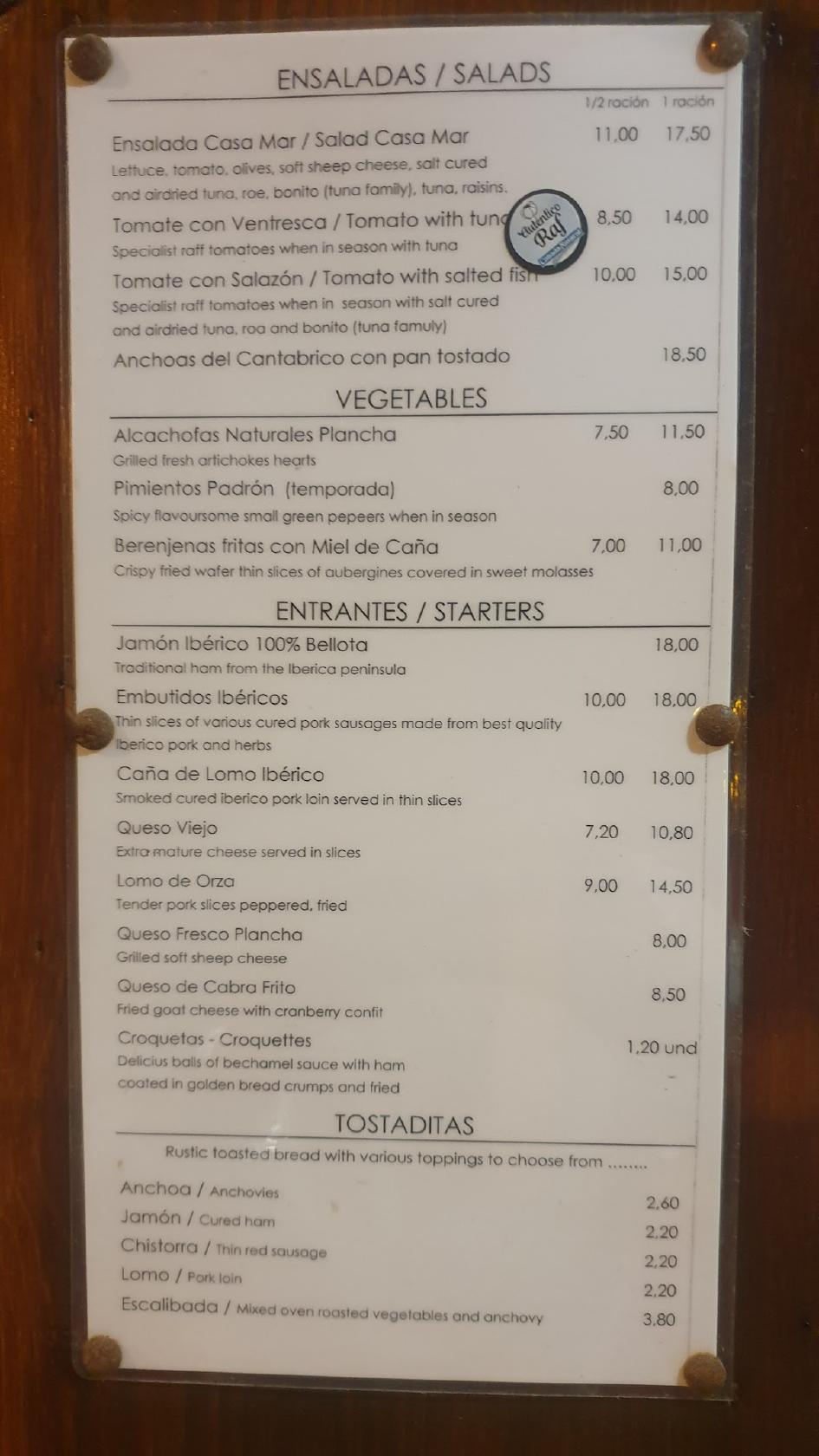 Menu at Casa Mar pub & bar, El Campello