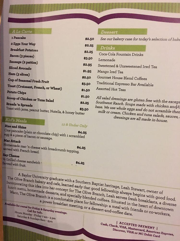 Menu at The Olive Branch cafe, Waco, 215 S 2nd St