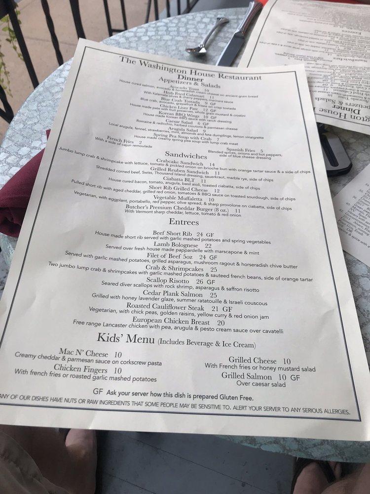 Menu at The Washington House Hotel & Restaurant, Sellersville