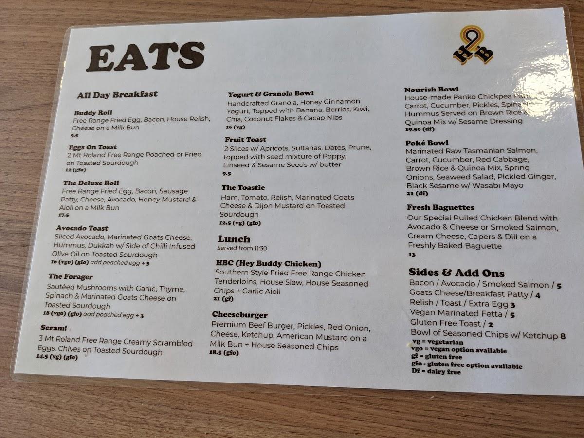 Menu at Hey Buddy cafe, West Ulverstone, 35 Queen St