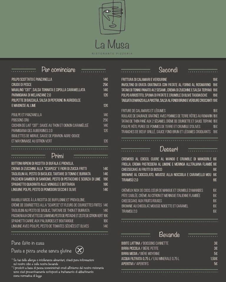 Menu da La Musa ristorante, Ventimiglia