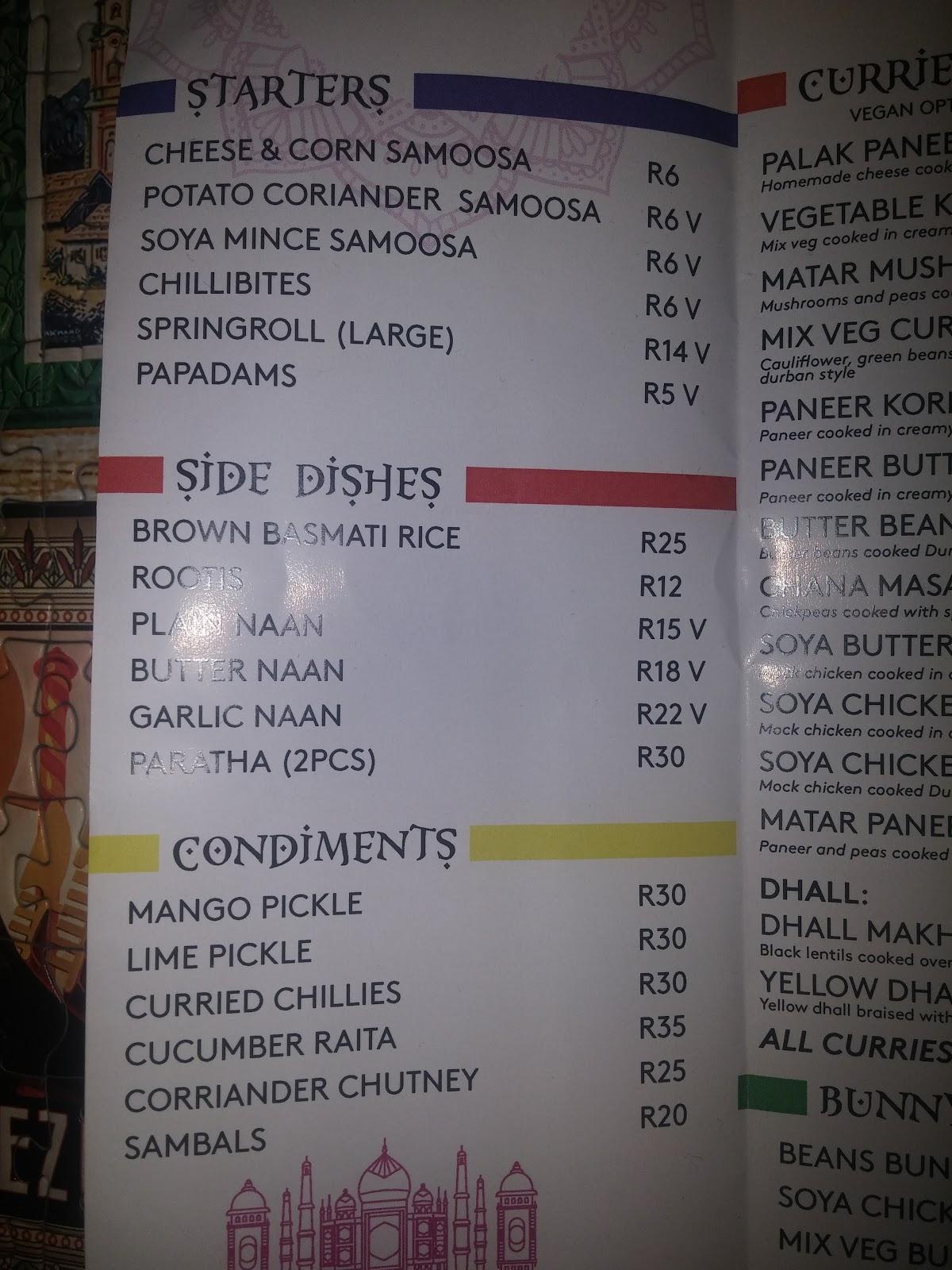 Menu at Prashad Café (Kloof Street) cafe, Cape Town