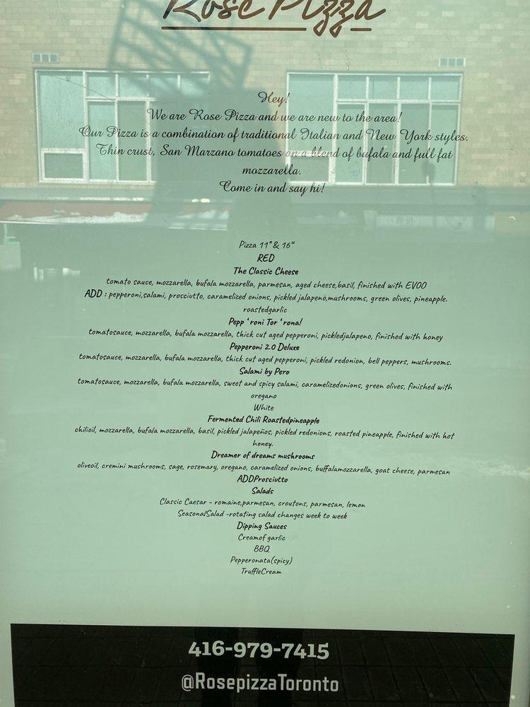 Menu at Rose Pizza pizzeria, Toronto