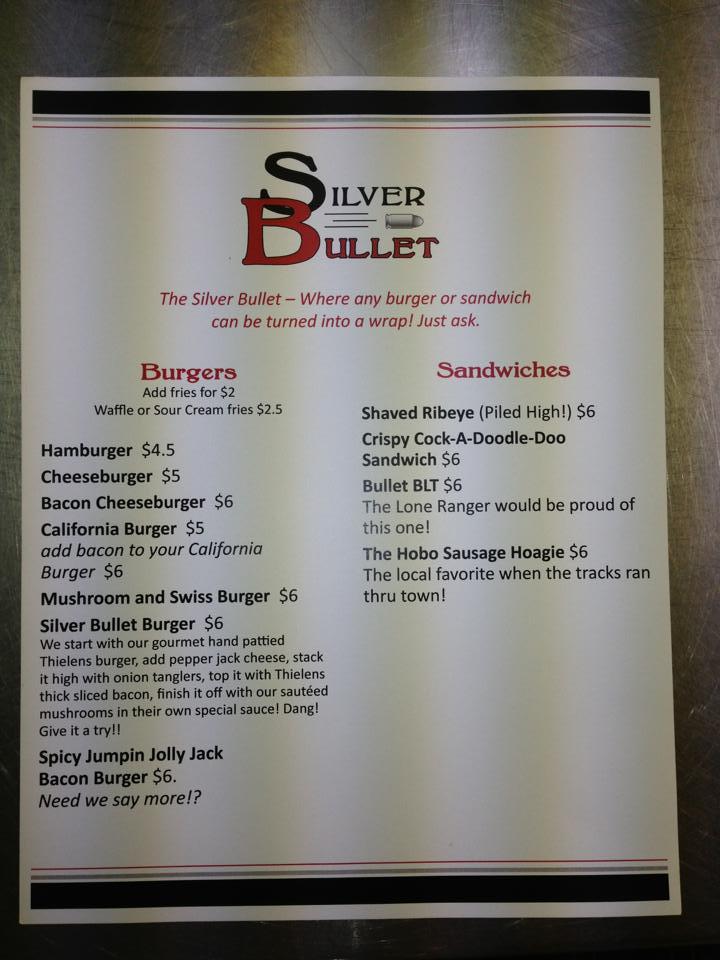 Menu at Silver Bullet Bar & Grill, Pierz