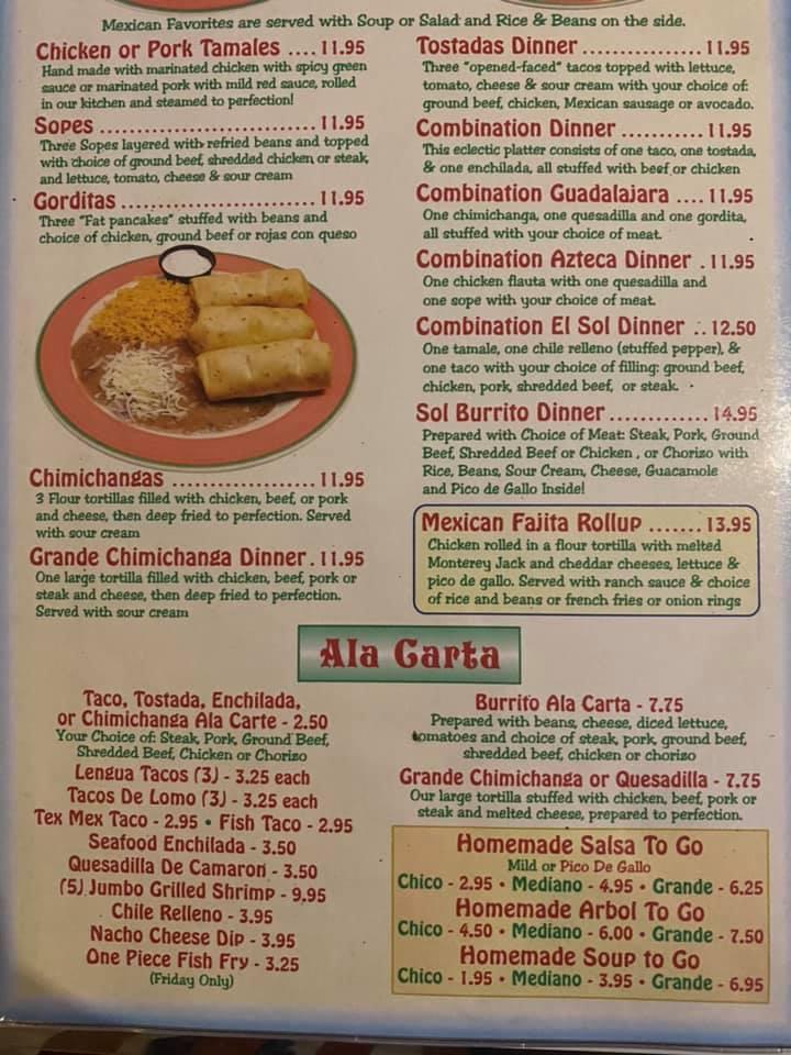 Menu at Sol De Mexico restaurant, Wind Lake
