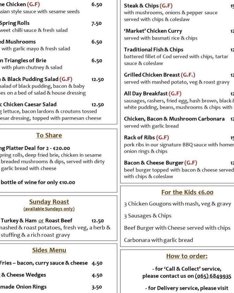 Menu at The Market Bar & Restaurant, Ennis, Merchant's Square