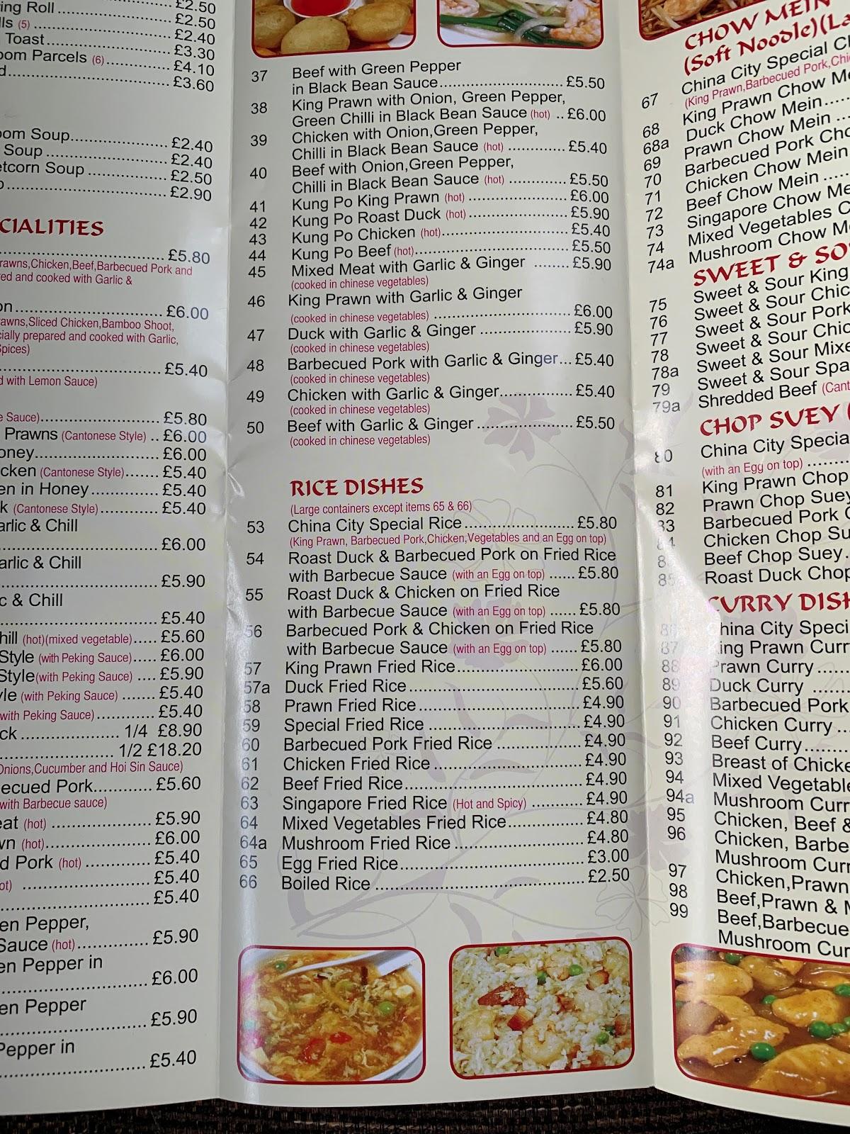 Menu at China City fast food, Cromer