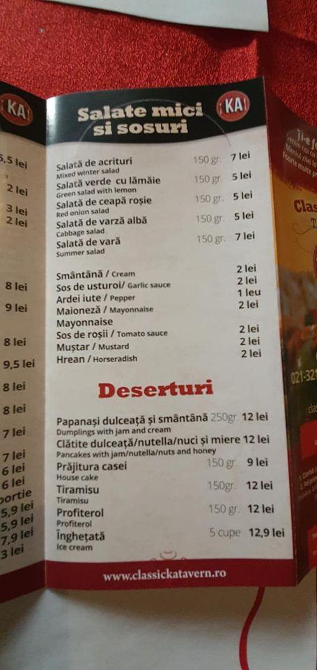 Speisekarte von Classic Ka Tavern, Bukarest