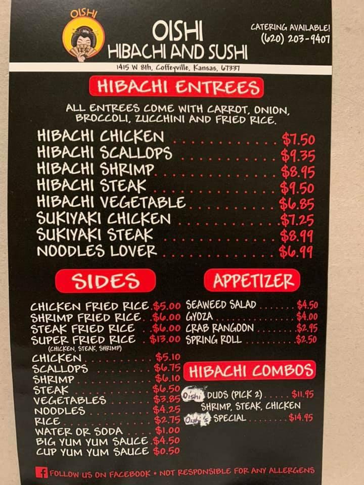Menu at Oishi Hibachi and Sushi restaurant, Coffeyville