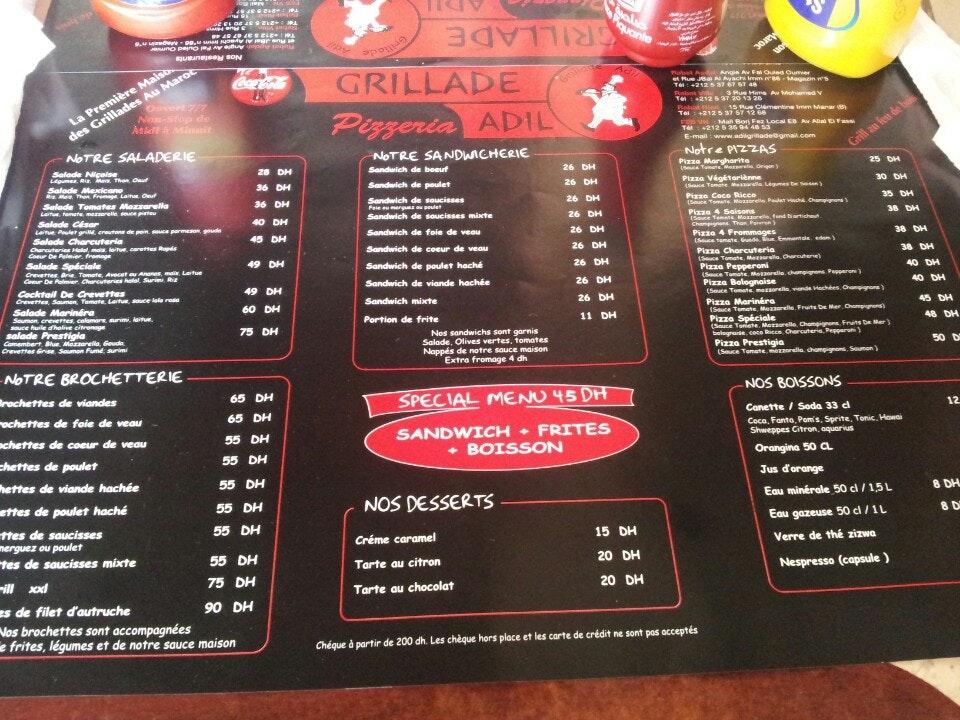 Menu at Grillade Adil restaurant, Rabat, X44G+XXM