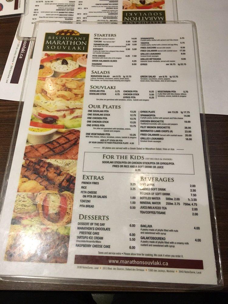 Menu at Marathon Souvlaki restaurant, Montréal, Rue des Jockeys