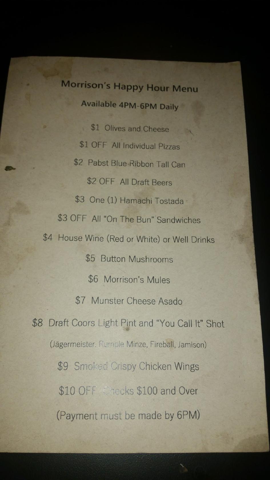 Menu at Morrison's Restaurant and Bar, Mammoth Lakes, Main St