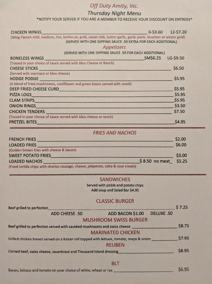 Menu at Off Duty, Inc. pub & bar, Belmont