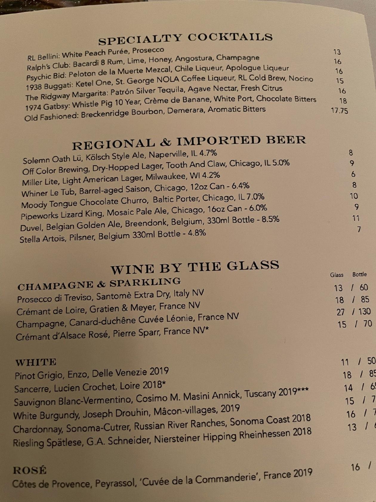 Menu at RL Restaurant, Chicago, 115 E Chicago Ave