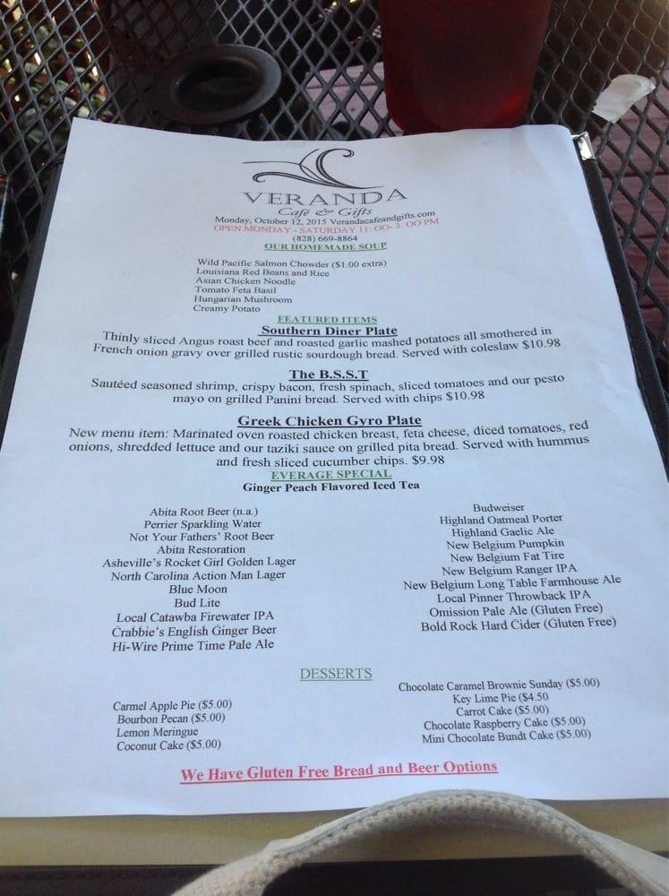 Menu at Veranda Cafe & Gift, Black Mountain